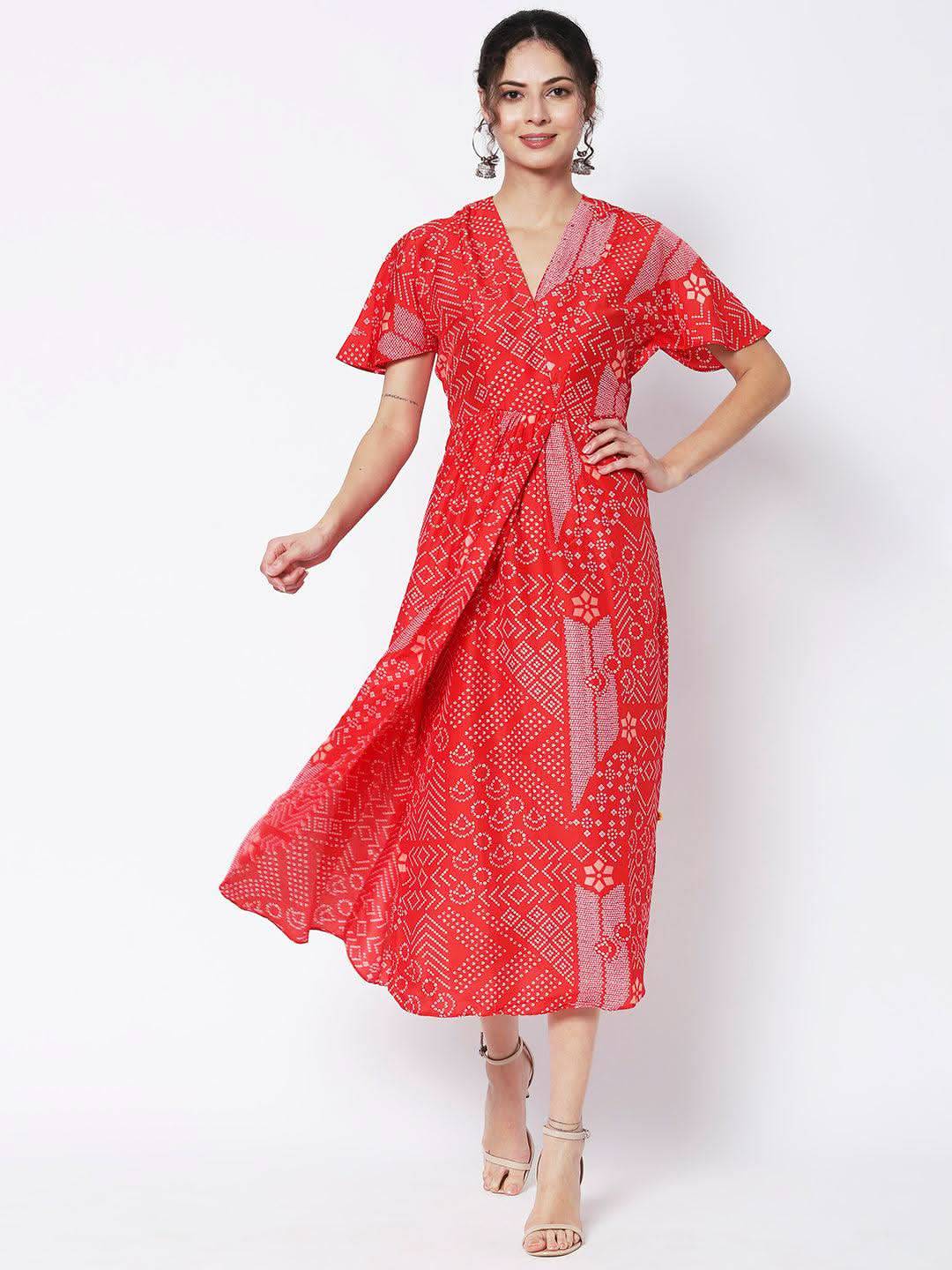 Vedic Ethnic Motifs Printed Midi Silk Kaftan Dress - Vedic Apparel ...